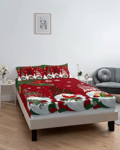 Full Size Fitted Sheet Bed Set Christmas Dwarf Holly Cardinal Deep Pocket Soft Bottom Sheets&Pillowcases for Bedroom Decor Winter Snowflake on Red,Fits Mattress Up to 16" Deep