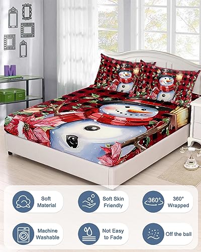 Full Size Fitted Sheet Bed Set Christmas Snowman Poinsettia Floral Deep Pocket Soft Bottom Sheets&Pillowcases for Bedroom Decor Black and Red Buffalo Plaid,Fits Mattress Up to 16" Deep