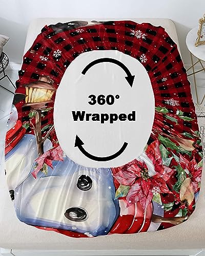 Full Size Fitted Sheet Bed Set Christmas Snowman Poinsettia Floral Deep Pocket Soft Bottom Sheets&Pillowcases for Bedroom Decor Black and Red Buffalo Plaid,Fits Mattress Up to 16" Deep