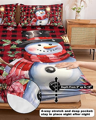 Full Size Fitted Sheet Bed Set Christmas Snowman Poinsettia Floral Deep Pocket Soft Bottom Sheets&Pillowcases for Bedroom Decor Black and Red Buffalo Plaid,Fits Mattress Up to 16" Deep