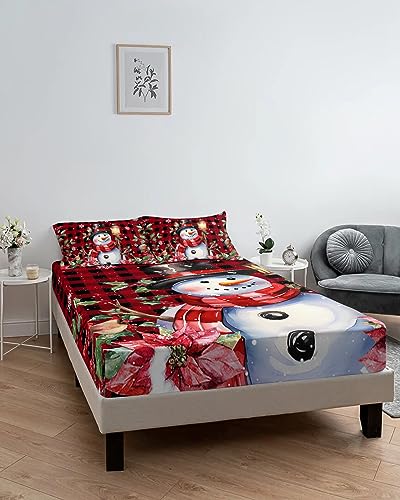 Full Size Fitted Sheet Bed Set Christmas Snowman Poinsettia Floral Deep Pocket Soft Bottom Sheets&Pillowcases for Bedroom Decor Black and Red Buffalo Plaid,Fits Mattress Up to 16" Deep