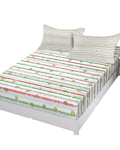 Full Size Fitted Sheet Bed Set Merry Christmas Red Green Stripe Deep Pocket Soft Bottom Sheets&Pillowcases for Bedroom Decor Winter Gold Snowflake Texture,Fits Mattress Up to 16" Deep