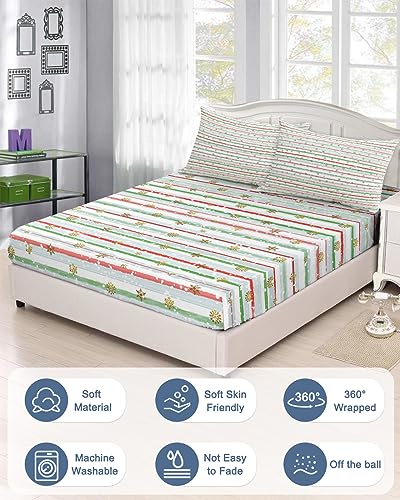 Full Size Fitted Sheet Bed Set Merry Christmas Red Green Stripe Deep Pocket Soft Bottom Sheets&Pillowcases for Bedroom Decor Winter Gold Snowflake Texture,Fits Mattress Up to 16" Deep