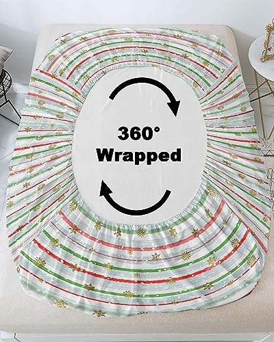 Full Size Fitted Sheet Bed Set Merry Christmas Red Green Stripe Deep Pocket Soft Bottom Sheets&Pillowcases for Bedroom Decor Winter Gold Snowflake Texture,Fits Mattress Up to 16" Deep