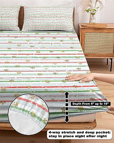 Full Size Fitted Sheet Bed Set Merry Christmas Red Green Stripe Deep Pocket Soft Bottom Sheets&Pillowcases for Bedroom Decor Winter Gold Snowflake Texture,Fits Mattress Up to 16" Deep