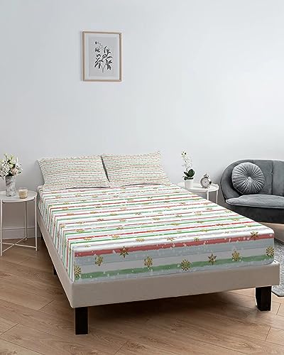 Full Size Fitted Sheet Bed Set Merry Christmas Red Green Stripe Deep Pocket Soft Bottom Sheets&Pillowcases for Bedroom Decor Winter Gold Snowflake Texture,Fits Mattress Up to 16" Deep