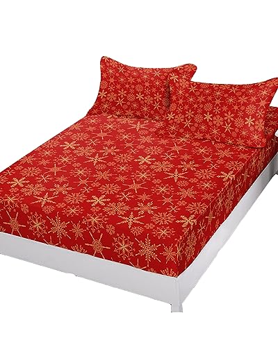 Full Size Fitted Sheet Bed Set Winter Christmas Gold Snowflake Deep Pocket Soft Bottom Sheets&Pillowcases for Bedroom Decor Seamless Snow on Red,Fits Mattress Up to 16" Deep