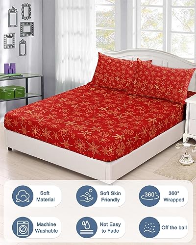 Full Size Fitted Sheet Bed Set Winter Christmas Gold Snowflake Deep Pocket Soft Bottom Sheets&Pillowcases for Bedroom Decor Seamless Snow on Red,Fits Mattress Up to 16" Deep