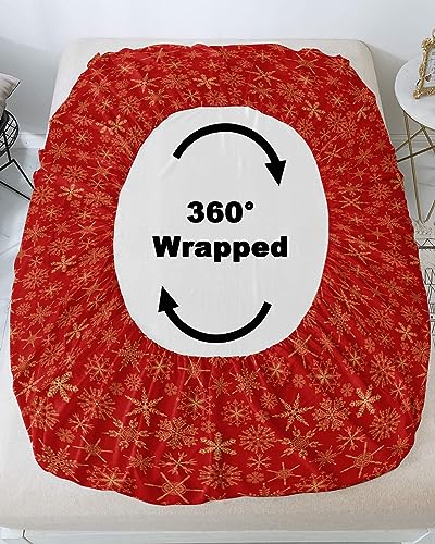 Full Size Fitted Sheet Bed Set Winter Christmas Gold Snowflake Deep Pocket Soft Bottom Sheets&Pillowcases for Bedroom Decor Seamless Snow on Red,Fits Mattress Up to 16" Deep