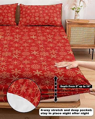 Full Size Fitted Sheet Bed Set Winter Christmas Gold Snowflake Deep Pocket Soft Bottom Sheets&Pillowcases for Bedroom Decor Seamless Snow on Red,Fits Mattress Up to 16" Deep