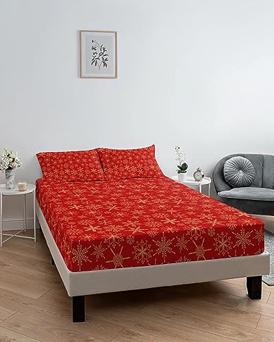 Full Size Fitted Sheet Bed Set Winter Christmas Gold Snowflake Deep Pocket Soft Bottom Sheets&Pillowcases for Bedroom Decor Seamless Snow on Red,Fits Mattress Up to 16" Deep