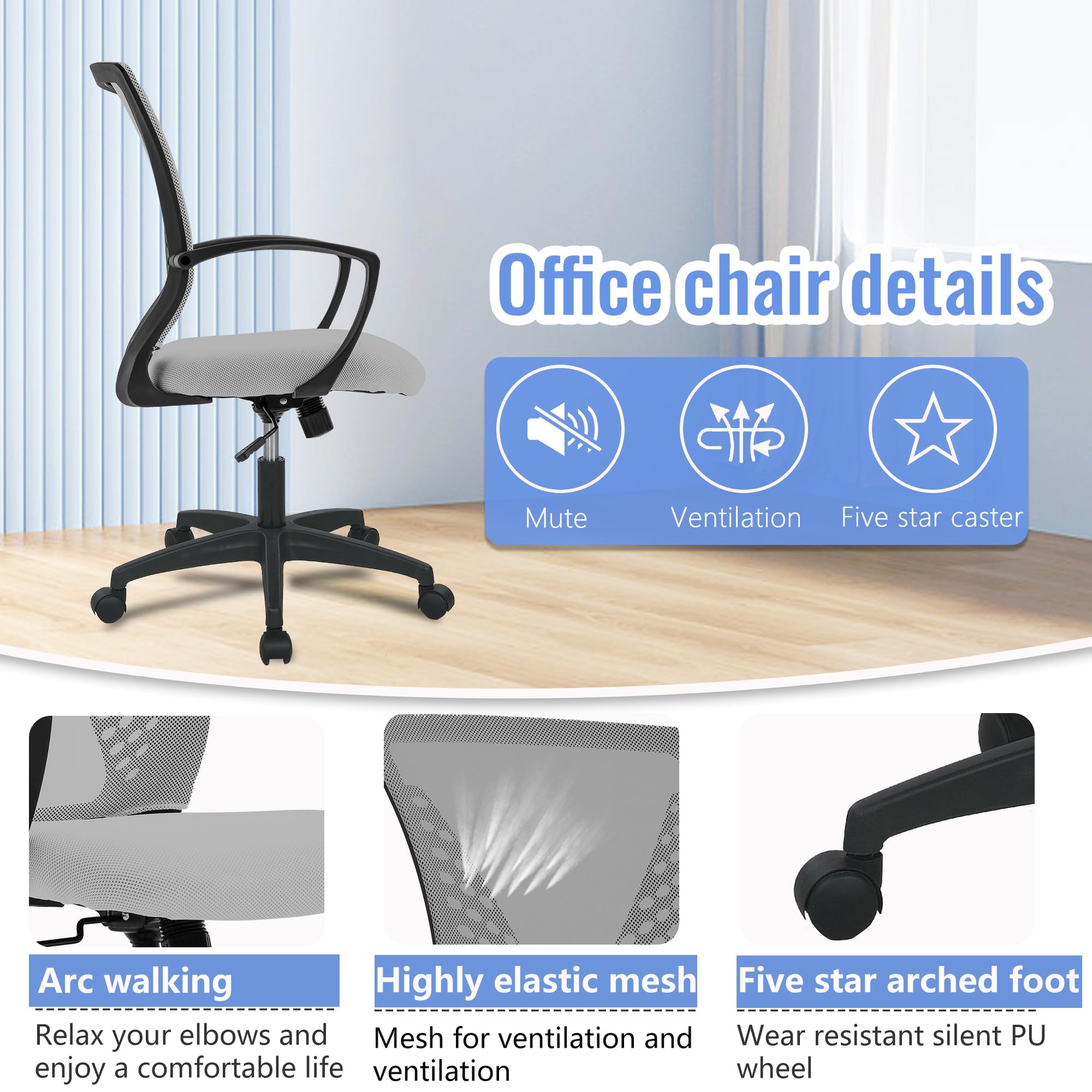 PayLessHere Office Chair Desk Computer Chair Ergonomic Adjustable Executive Mesh Mid Back with 360 Degree Swivel Wheels Lumbar Support Armrest, Grey