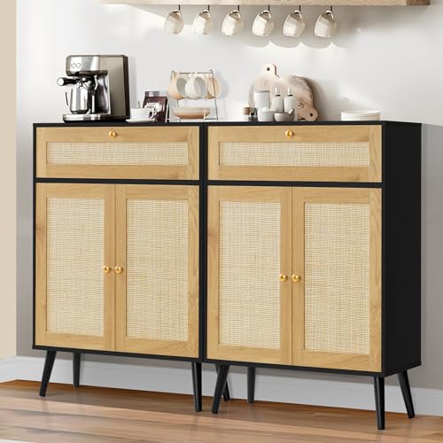 Quimoo Tall Storage Cabinet, Rattan Cabinet with Adjustable Shelf & Large Drawer, Boho Storage Cabinet, Accent Cabinet for Entryway, Living Room, Black