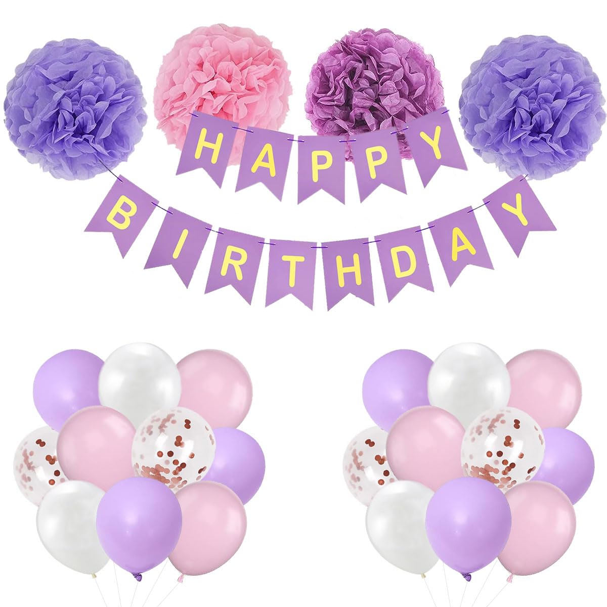 Rishafowg Purple Birthday Decorations for Women, Princess Birthday Party Decorations Pink and Purple Birthday Decorations with Latex Balloons Paper Pom Poms Happy Birthday Banner