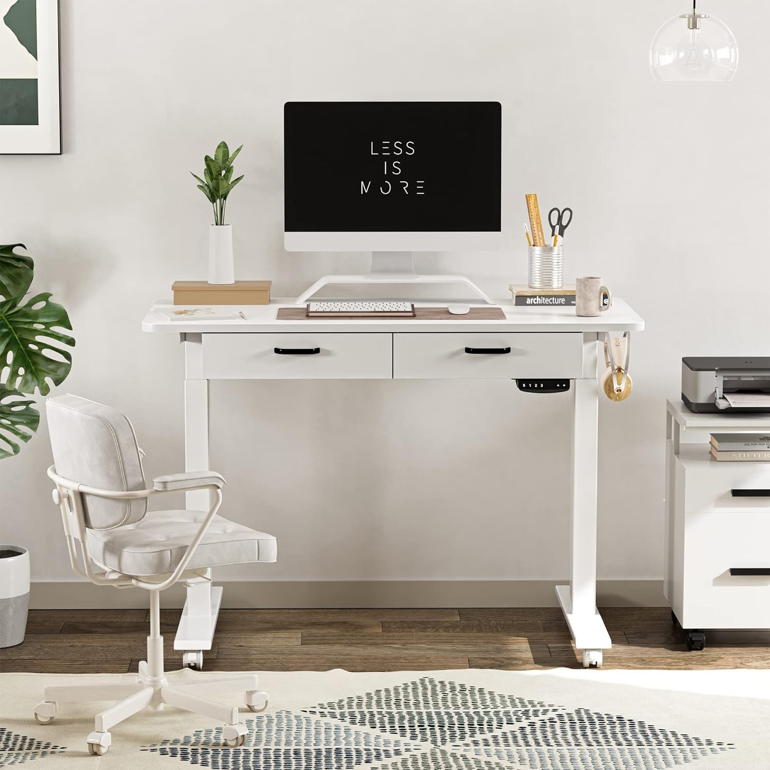 BANTI 48'' Adjustable Height Electric Standing Desk with Double Drawer, Stand Up Home Office Desk with Splice Tabletop, White