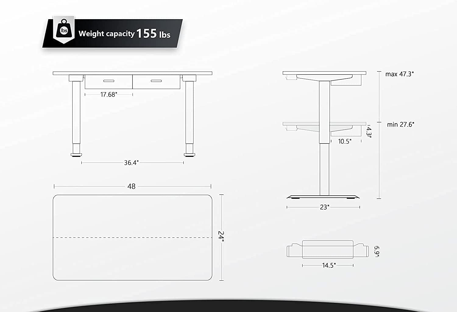 BANTI 48'' Adjustable Height Electric Standing Desk with Double Drawer, Stand Up Home Office Desk with Splice Tabletop, White