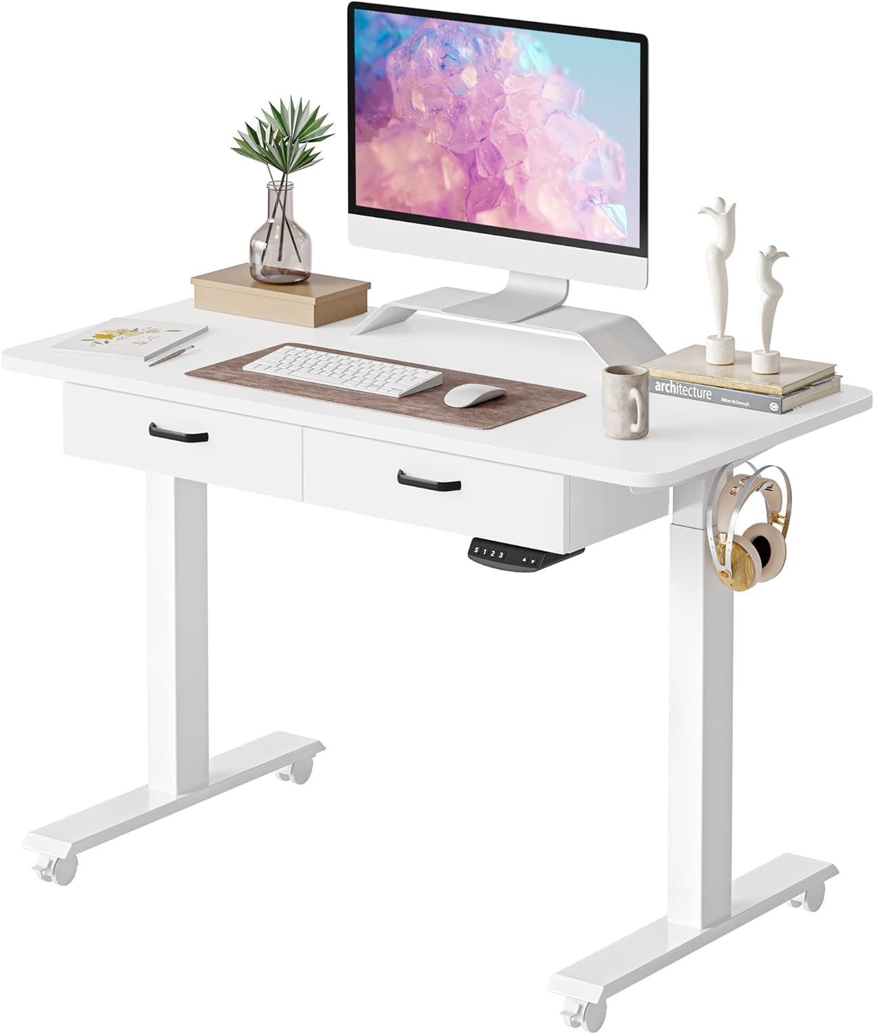 BANTI 48'' Adjustable Height Electric Standing Desk with Double Drawer, Stand Up Home Office Desk with Splice Tabletop, White