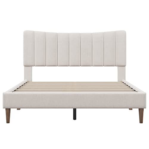 HBRR Queen Size Bed Frame, Upholstered Platform Bed with Vertical Channel Tufted Headboard, Strong Wooded Slat, No Box Spring Needed Mattress Foundation, Easy Assembly, Cream