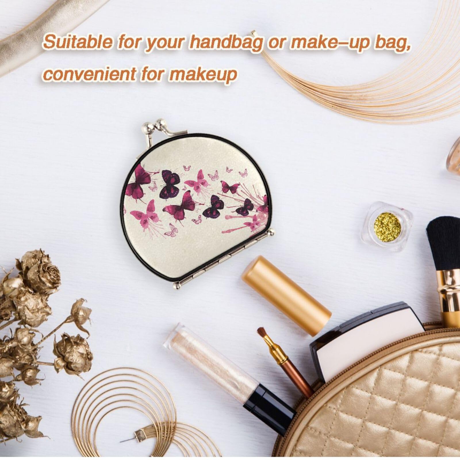 Tatenale Mirror for Women Purse Portable Makeup Mirror Pocket Small Hand Mirror Travel Carry ON Fold Mirror Round Butterflies Pink