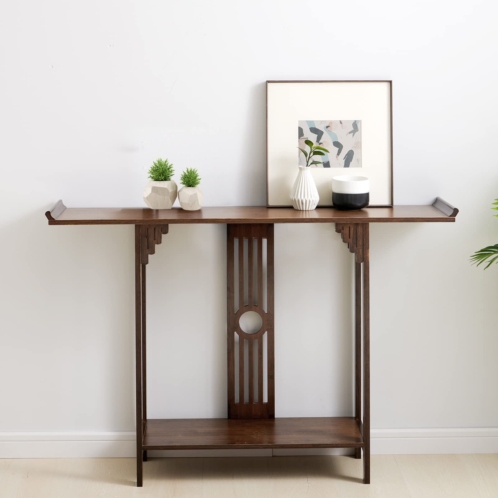 QUEWATSA 2-Tier Entryway Vintage Table, Bamboo Storage Console Table Sofa Table End Table Plant Photo Displaying Shelf Vintage Storage Shelves Living Room Long Accent End Table Sideboard (102*29*83cm)