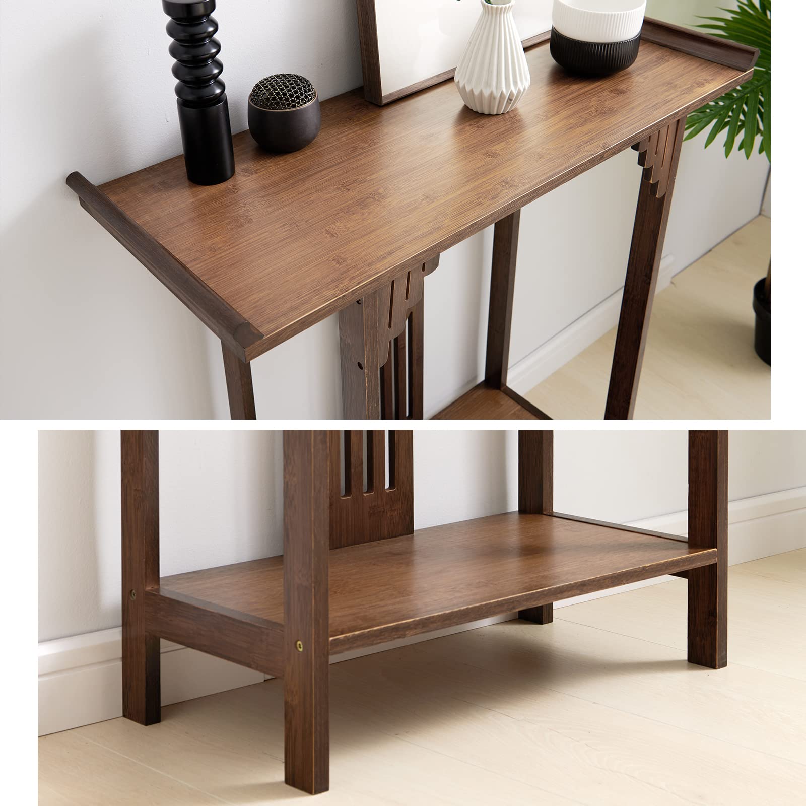 QUEWATSA 2-Tier Entryway Vintage Table, Bamboo Storage Console Table Sofa Table End Table Plant Photo Displaying Shelf Vintage Storage Shelves Living Room Long Accent End Table Sideboard (102*29*83cm)