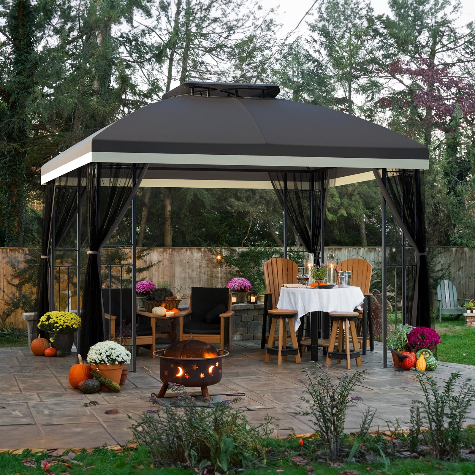 FUNG YARD 10x10 Outdoor Gazebo, Double Roof Patio Gazebo with Mosquito Netting, Sturdy Steel Frame, Sun & Waterproof, Perfect for Backyard, Garden, Party (Brown)