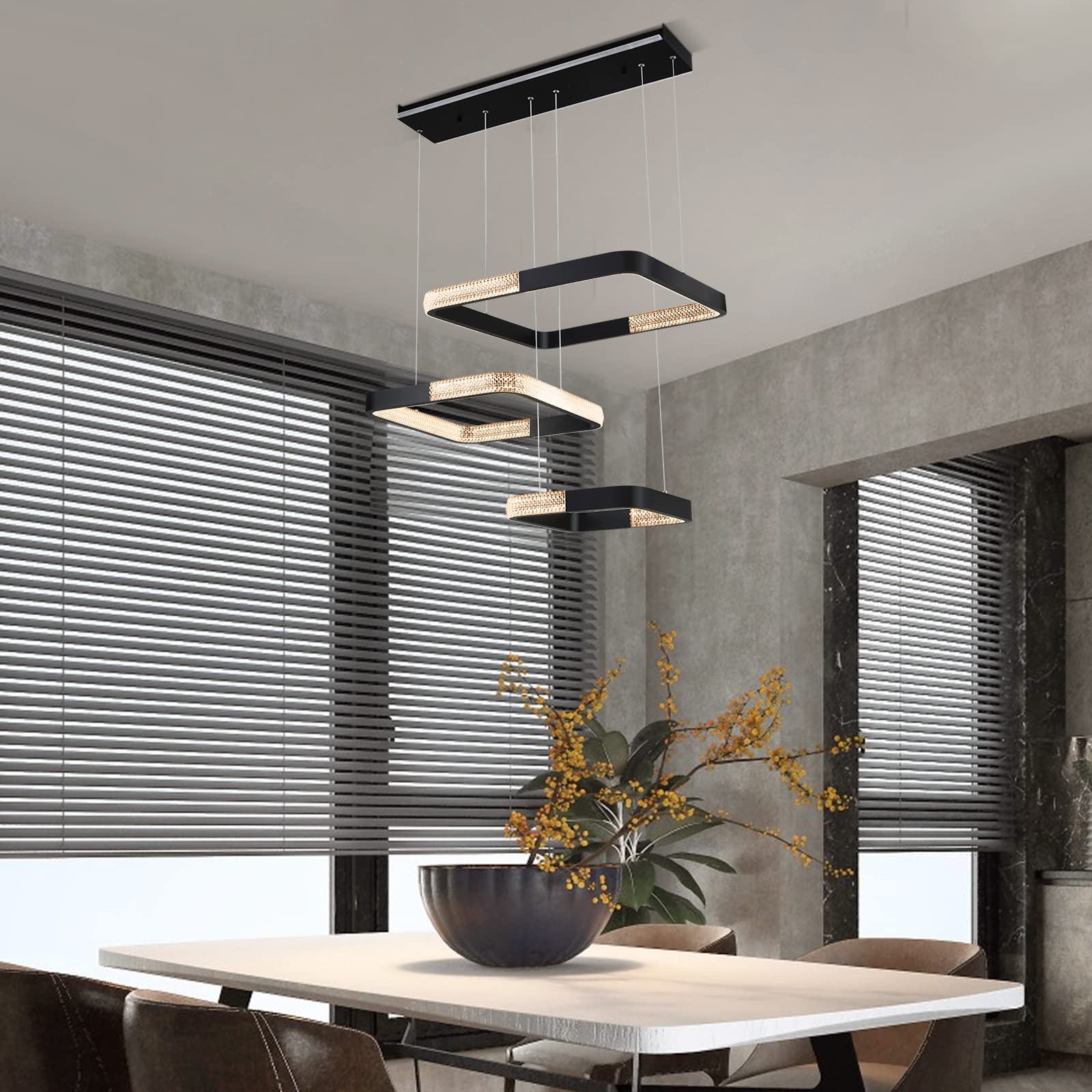 Dimmable Modern 70W LED Crystal Island Light with Remote 3 Color 3000K-6000K Adjustable 3 Black and Gold Square Rings Pendant Lighting for Modern Pendant Light for Dining Room Living Room