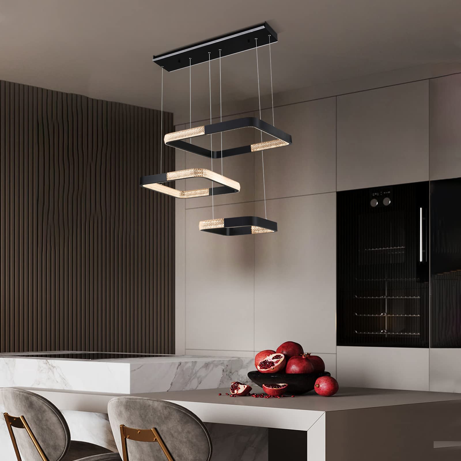 Dimmable Modern 70W LED Crystal Island Light with Remote 3 Color 3000K-6000K Adjustable 3 Black and Gold Square Rings Pendant Lighting for Modern Pendant Light for Dining Room Living Room