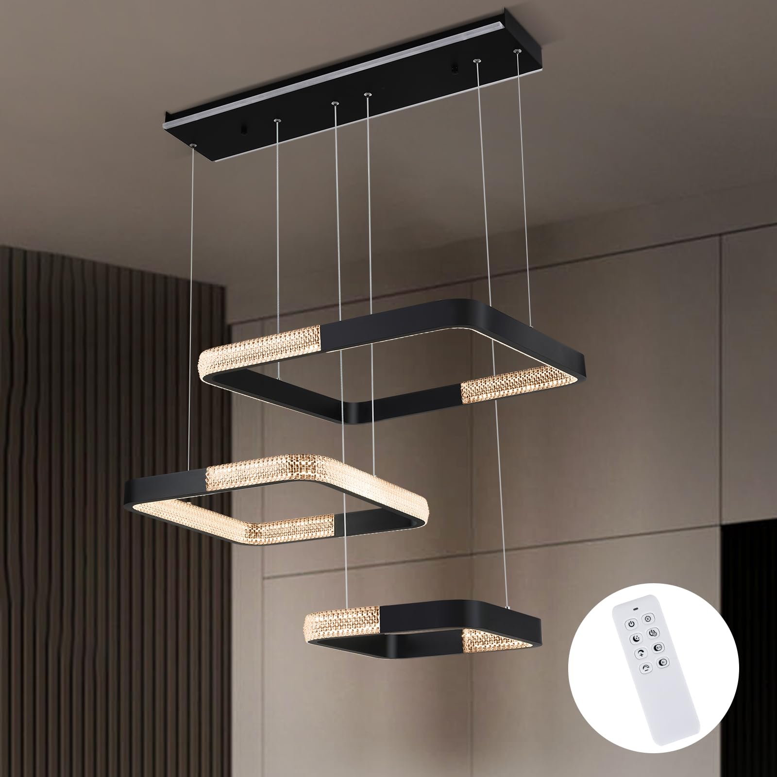 Dimmable Modern 70W LED Crystal Island Light with Remote 3 Color 3000K-6000K Adjustable 3 Black and Gold Square Rings Pendant Lighting for Modern Pendant Light for Dining Room Living Room