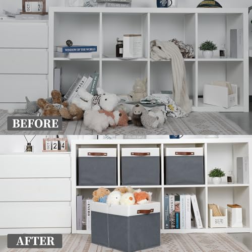 Bidtakay Large Storage Bins Collapsible Fabric Storage Baskets with Plastic Board 16x12 Inches Cube Organizer with Handles Lightweight 2-Pack Clothes Baskets Linen Storage Bins White/Grey