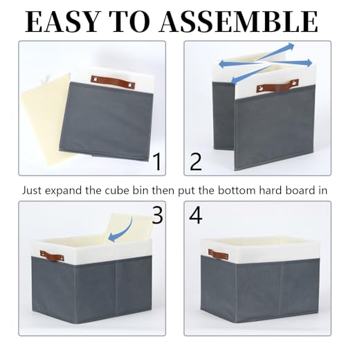 Bidtakay Large Storage Bins Collapsible Fabric Storage Baskets with Plastic Board 16x12 Inches Cube Organizer with Handles Lightweight 2-Pack Clothes Baskets Linen Storage Bins White/Grey