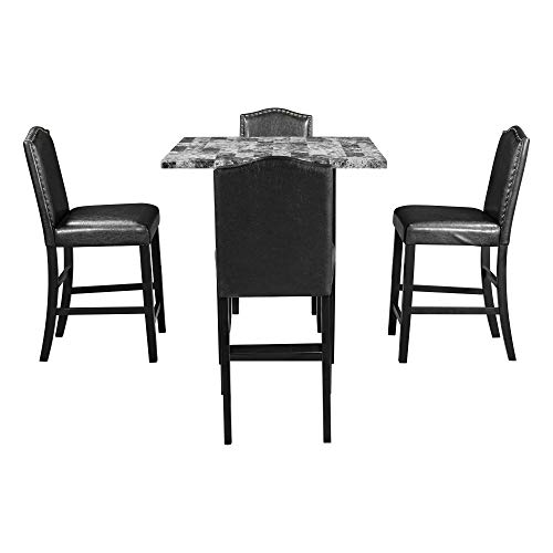 YuiHome Set 5 Piece Matching Bottom Shelf for Dining Room, Faux Marble Kitchen 4 Persons,Black Chair+Gray Table