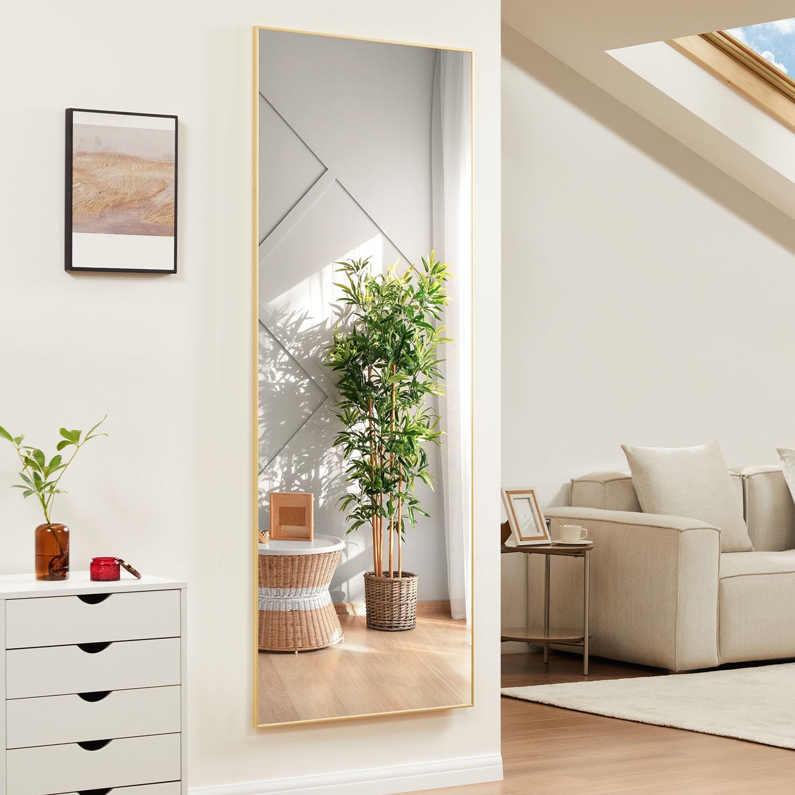 Sweetcrispy Full Length Mirror 64"x21" Full Body Floor Mirror Standing Hanging or Leaning Wall, Large Wall Mirror with Stand Aluminum Alloy Thin Frame for Bedroom Cloakroom, Gold