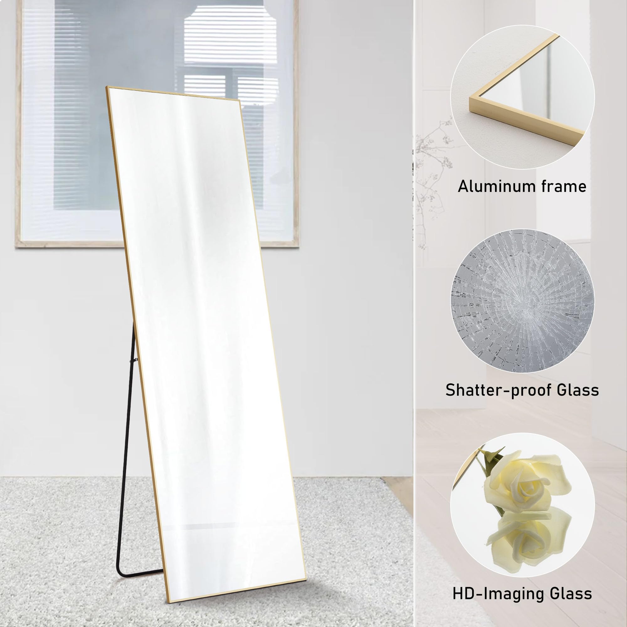 Sweetcrispy Full Length Mirror 64"x21" Full Body Floor Mirror Standing Hanging or Leaning Wall, Large Wall Mirror with Stand Aluminum Alloy Thin Frame for Bedroom Cloakroom, Gold
