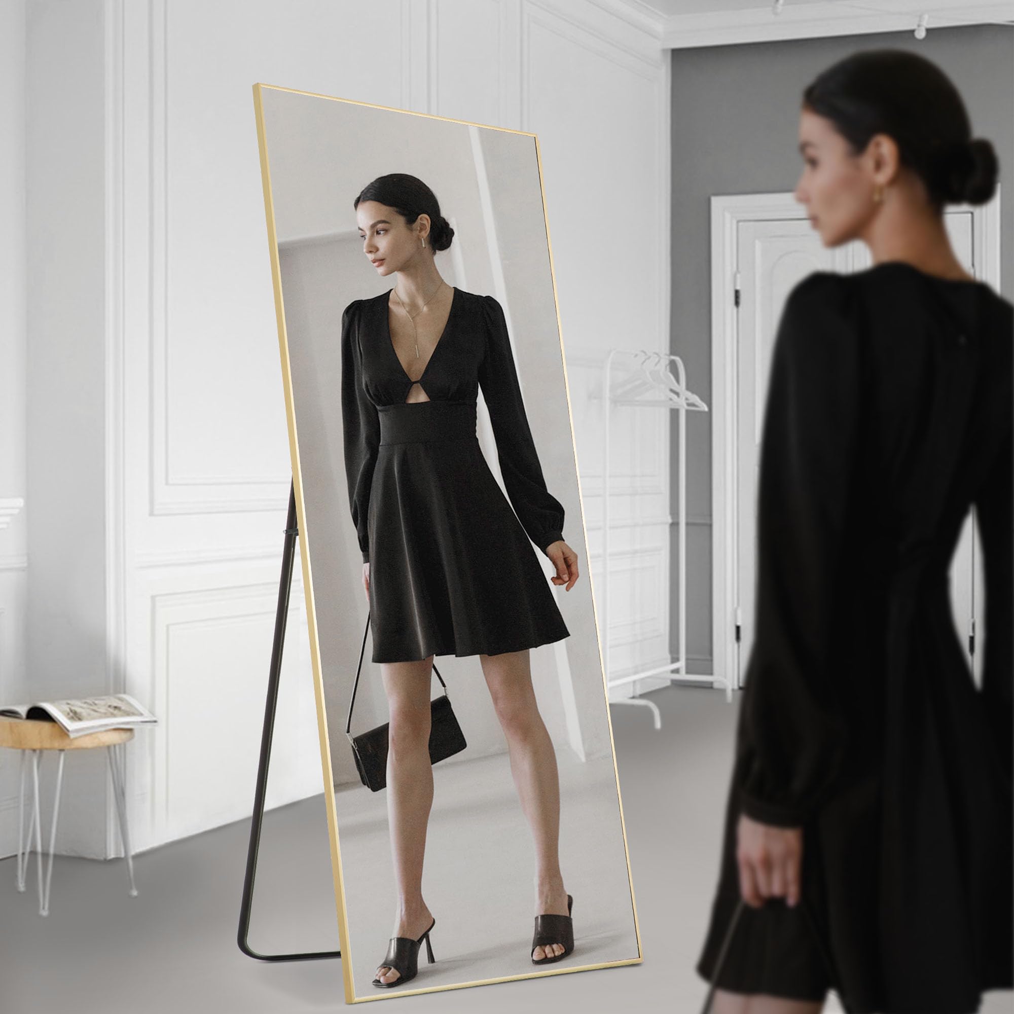 Sweetcrispy Full Length Mirror 64"x21" Full Body Floor Mirror Standing Hanging or Leaning Wall, Large Wall Mirror with Stand Aluminum Alloy Thin Frame for Bedroom Cloakroom, Gold