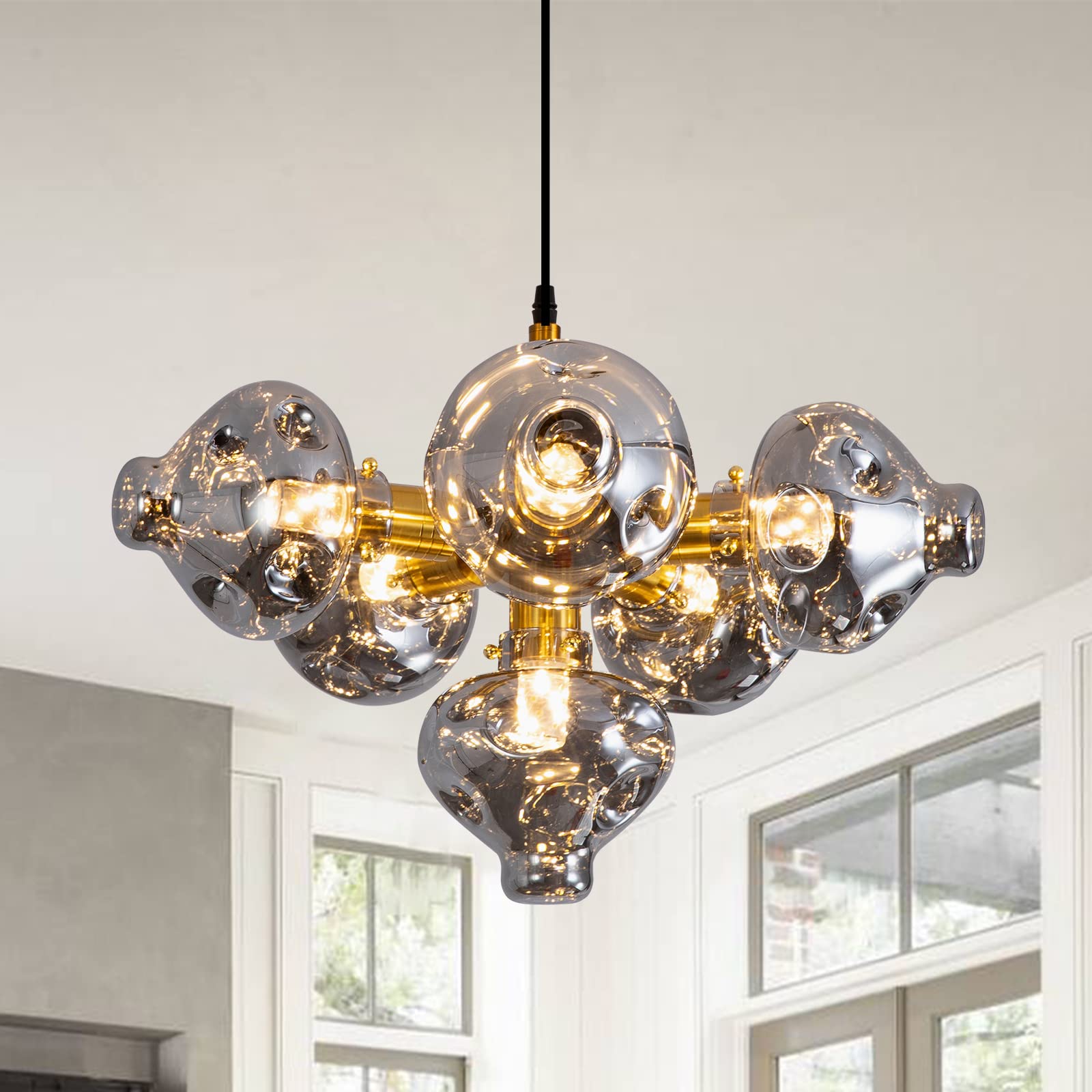 KELUOLY 6-Light Glass Chandelier, Mid Century Globe Black and Gold Hanging Ceiling Light, Smoke Grey Vintage Hanging Pendant Light for Bedroom Dining Room Kitchen Farmhouse Living Room