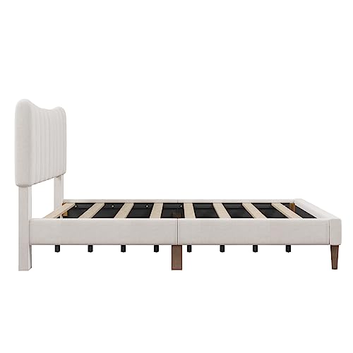 HBRR Queen Size Bed Frame, Upholstered Platform Bed with Vertical Channel Tufted Headboard, Strong Wooded Slat, No Box Spring Needed Mattress Foundation, Easy Assembly, Cream