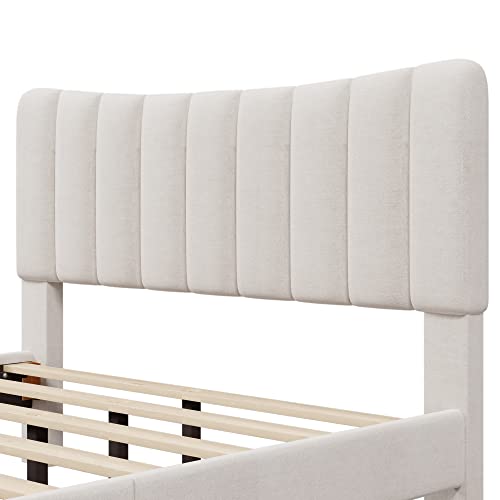 HBRR Queen Size Bed Frame, Upholstered Platform Bed with Vertical Channel Tufted Headboard, Strong Wooded Slat, No Box Spring Needed Mattress Foundation, Easy Assembly, Cream