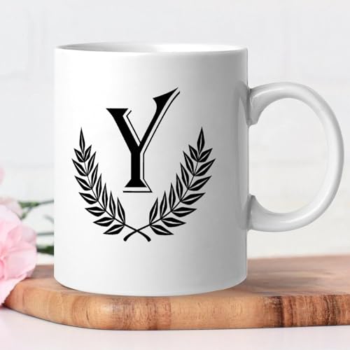 ENEDNATE Funny White Ceramic Coffee Mug 11oz Letter Initial Monogram Alphabet Y Coffee Cup Humorous Tea Milk Juice Mug Novelty Gifts for Colleagues Girl Boy Dad Mom