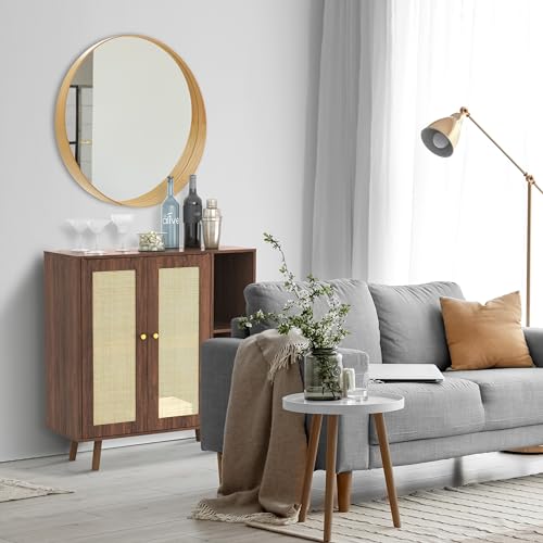 Atlantic Loft & Luv Remy Boho Mid-Century Bar Cabinet with Natural Rattan Panels with Storage, Walnut Finish