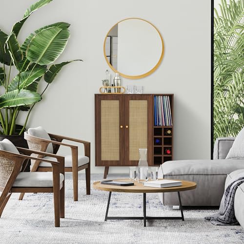 Atlantic Loft & Luv Remy Boho Mid-Century Bar Cabinet with Natural Rattan Panels with Storage, Walnut Finish