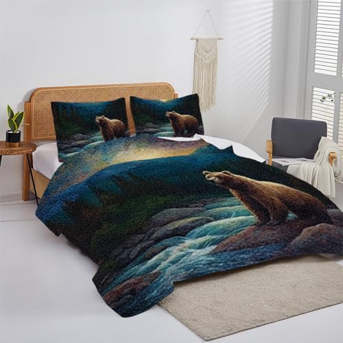 Full Size Bear Quilt - Custom Durable Bear Bed Set Twin Bear Bed Sheets Bear Comforter Set Queen for Bear Lover Men Boys Girls Lightweight Bear Bed Set Twin Bear Blanket Adult for Bedroom Bear Gifts
