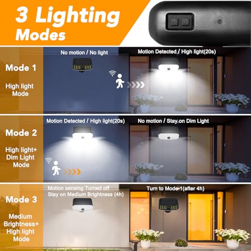 Solar Lights Outdoor 2 Pack Solar Motion Sensor Security LED Lights,3 Lighting Modes IP65 Waterproof Wireless Solar Wall Lights,Bright for Patio Front Door Garage Garden Fence Yard Deck(Daylight)