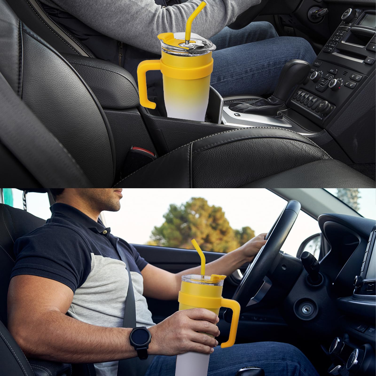 Beatcreat 40 oz Tumbler with Handle and Straw Lid,Insulated Double Wall Stainless Steel Travel Coffee Mug,Cup Holder Friendly(Yellow and white)