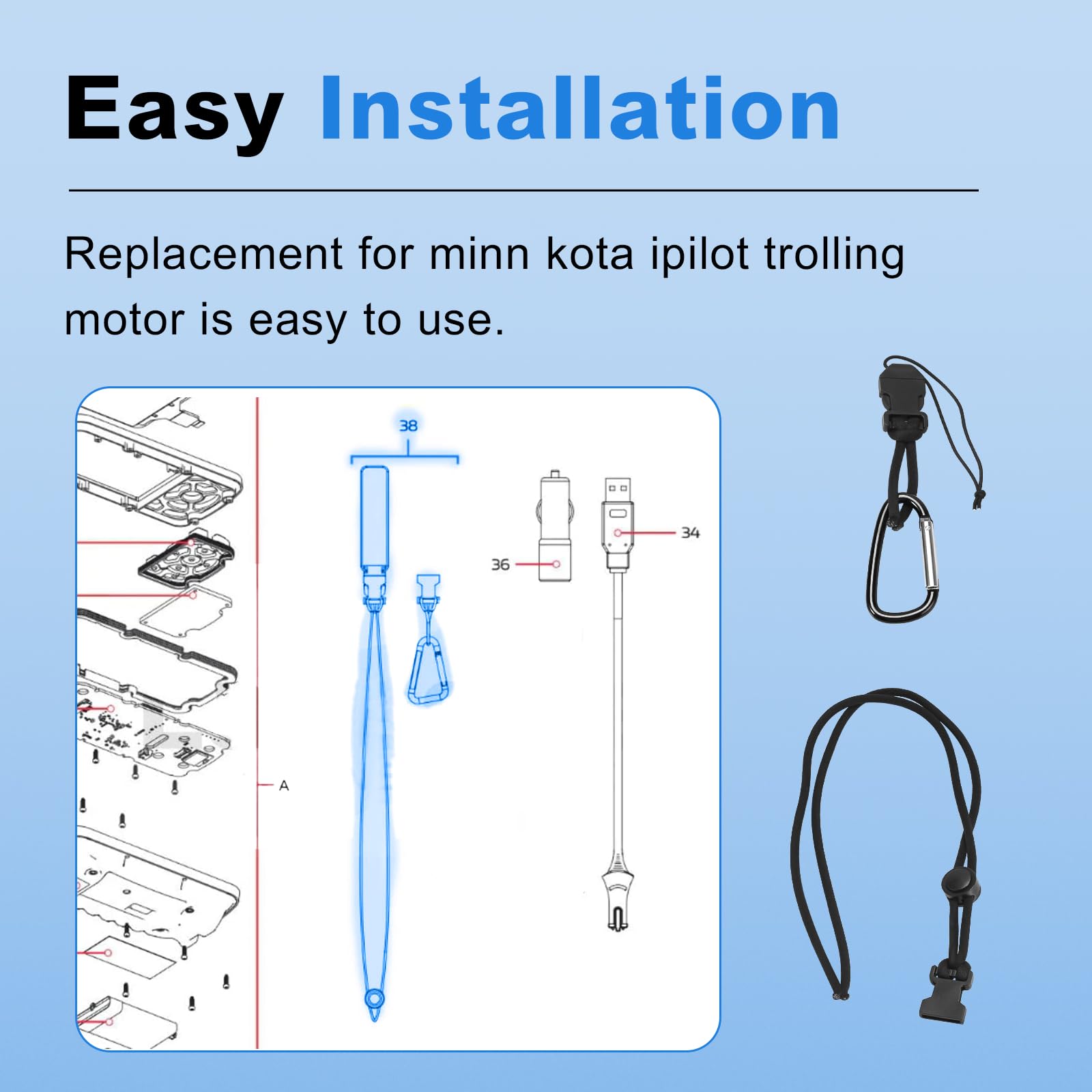 Shuisen 2390800 Remote Trolling Motor Lanyard with Carabineer Compatible with Minn Kota I-Pilot Remote I-Pilot 1.6/3.0 Replacement for Ipilot Link Remote
