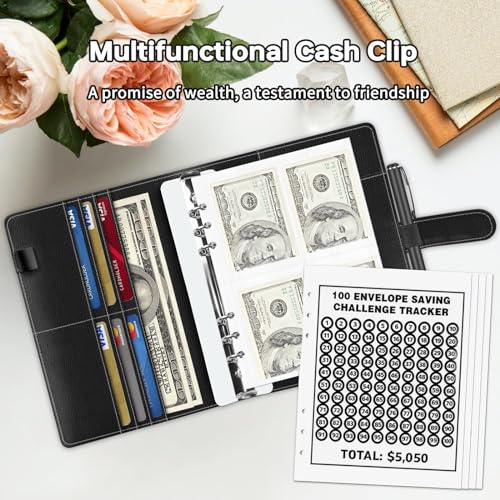Sfocgoi 100 Envelopes Money Saving Challenge, 2025 A5 Money Saving Budget Binder, Savings Challenges Book and Digital Stickers, Easy and Fun Way to Save $5,050,Suitable for offices, homes (Black)