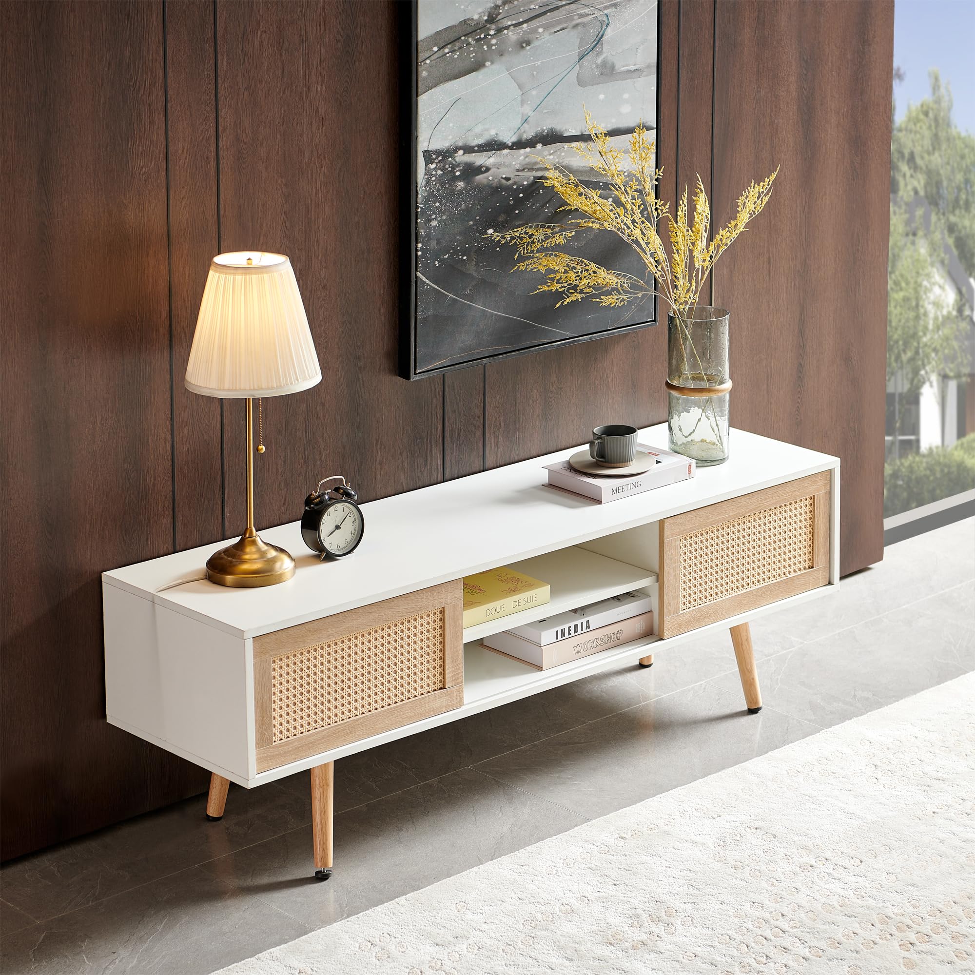 YOUGUO Rattan TV Stand for 65 Inch TV, Boho Entertainment Center with Natural Rattan Sliding Doors & Adjustable Shelf, Wood TV Media Console for Living Room, White