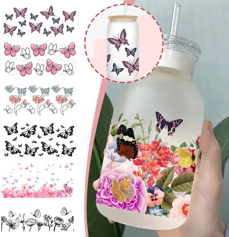 Pink UV DTF Cup Wrap, 1/7Sheets Flower Butterfly Coffee Cup Rub on Transfers for Glass Cups, UV DTF Cup Wrap Transfer Stickers Decals Waterproof Rub on Transfers for Glass Cups Crafts Vintage Iron-on
