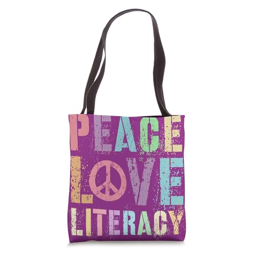 Groovy PEACE LOVE LITERACY Teacher Library Reading Preschool Tote Bag