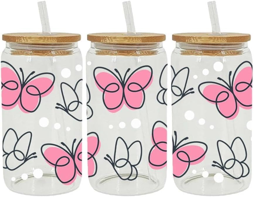 Pink UV DTF Cup Wrap, 1/7Sheets Flower Butterfly Coffee Cup Rub on Transfers for Glass Cups, UV DTF Cup Wrap Transfer Stickers Decals Waterproof Rub on Transfers for Glass Cups Crafts Vintage Iron-on